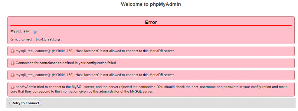 Fix Error Host Localhost Is Not Allowed To Connect To This Mariadb Server